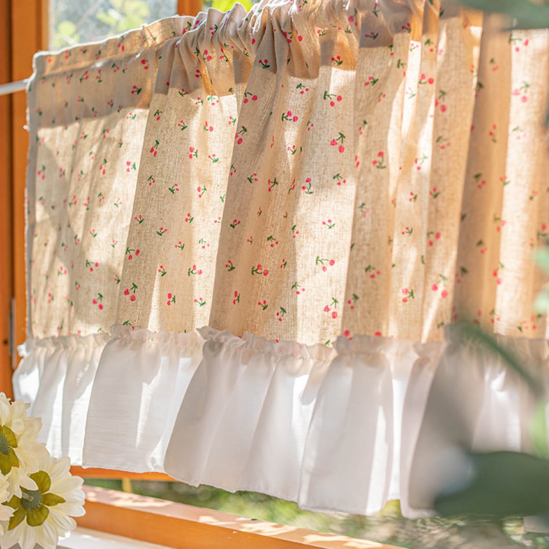 Linen Cafe Curtains: Red Cherry Print, White Ruffle Trim - 2 Panels - Etsy