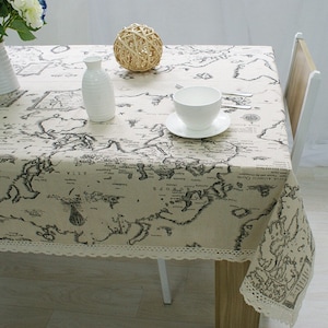 Black World Map Printing Linen Tablecloth, White Cotton Table Cloth ...