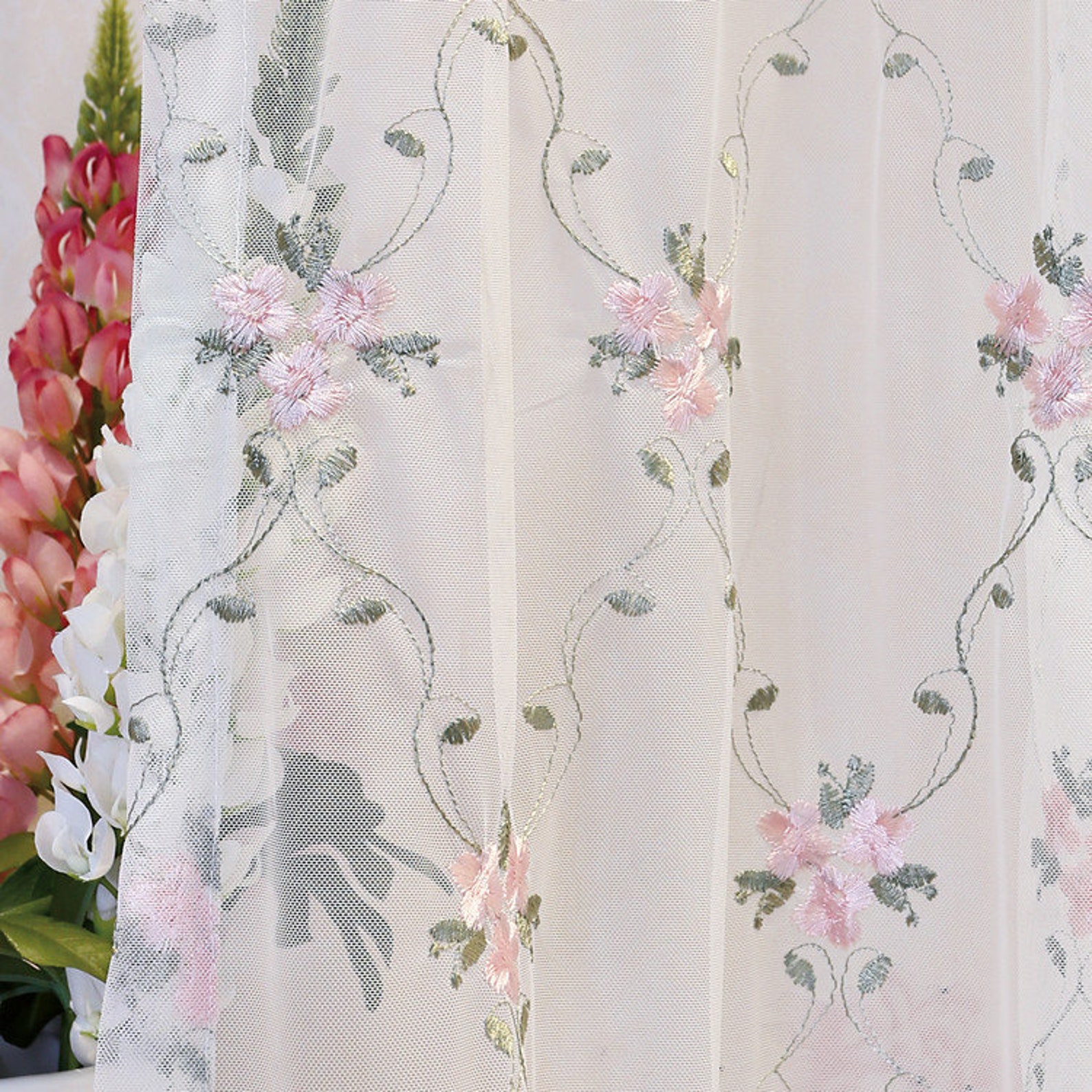 Embroidered Floral Sheer Curtains: Custom Pink Flowers on White Lace - Etsy