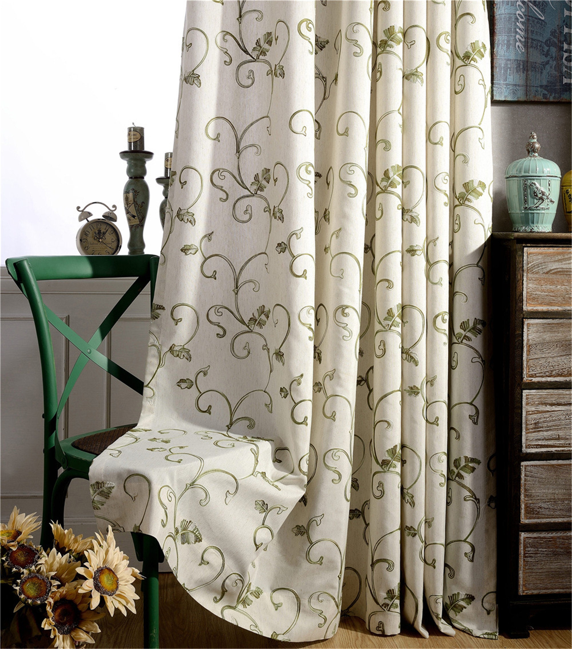 Grey Green Branches Vines Florals Embroidered on Beige Linen Cotton Blackout Curtains blackout Curtain Panels customliving Room Decor Etsy