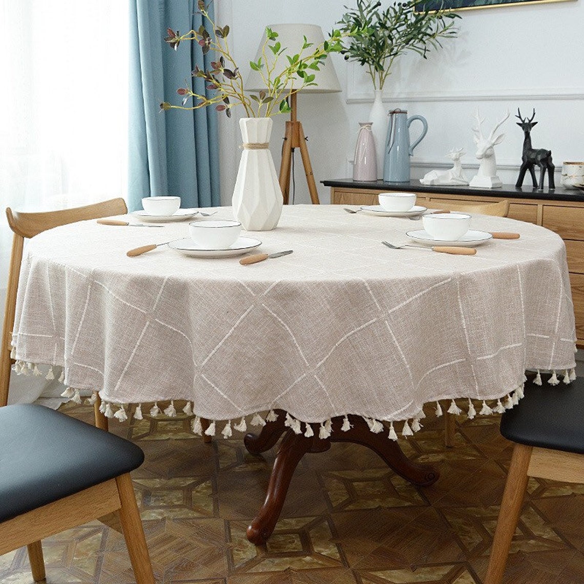 Round Bohemia Big Grey Grid Linen Table Cloth Cream - Etsy