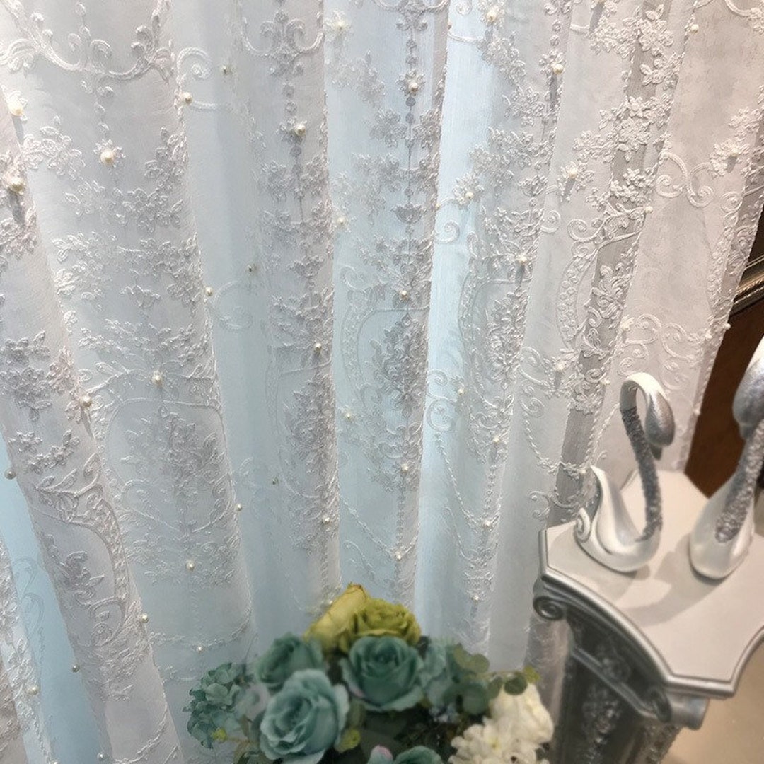 Pearl Beaded Lace Curtain: White Embroidered Sheer Fabric, Wedding ...