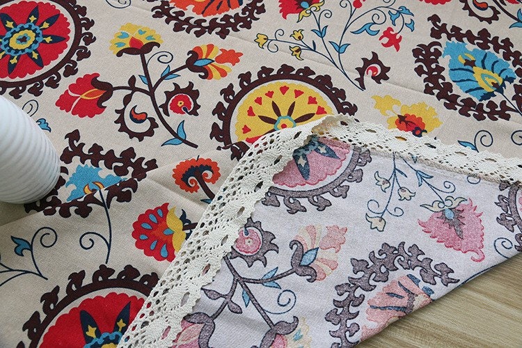 Ethnic Style Printing Linen Tablecloth Fabric Lace Trim for - Etsy