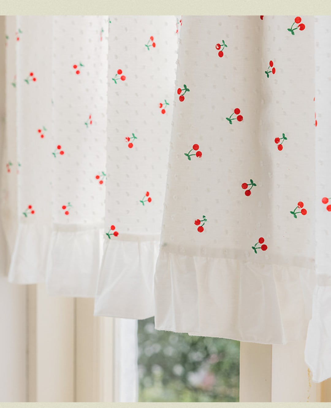 2 Panels Linen Cafe Curtains|lovely Red Cherries Soft White Spotted ...