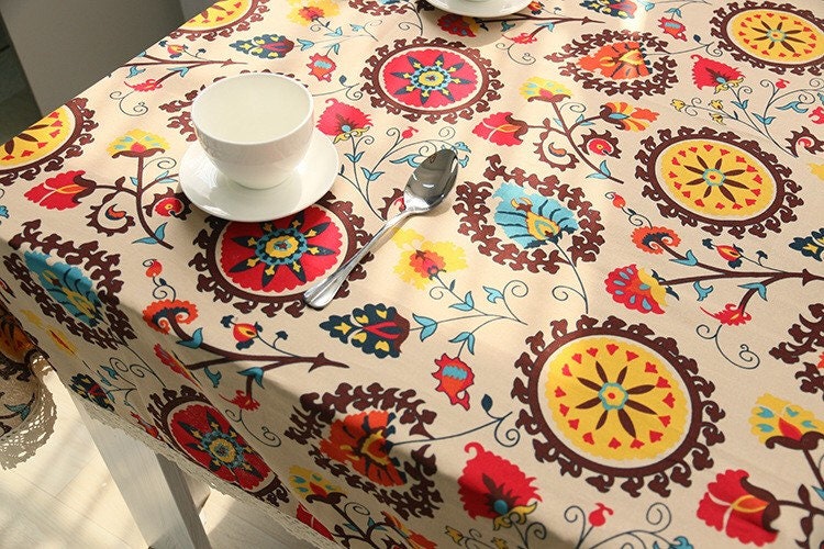 Ethnic Style Printing Linen Tablecloth Fabric Lace Trim for - Etsy
