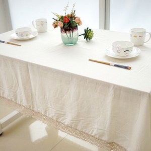 Nature White Plain Cotton Linen Tablecloth With Lace Trim,solid Table ...