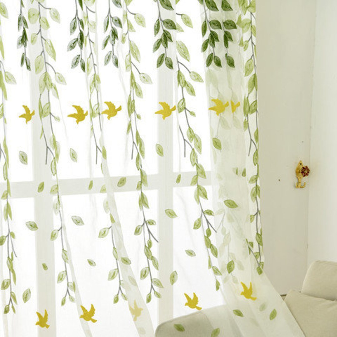 Custom Green Leaves Embroidered Sheer Curtain ,flying Swallow Semi ...