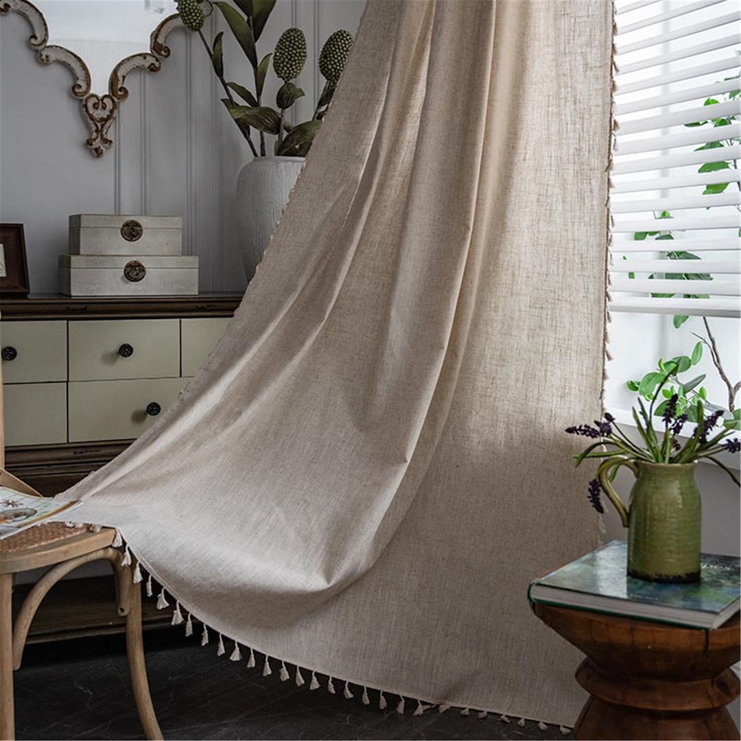 Bohemian Linen Cotton Curtain: Beige Semi-sheer With Cream Fringes - Etsy