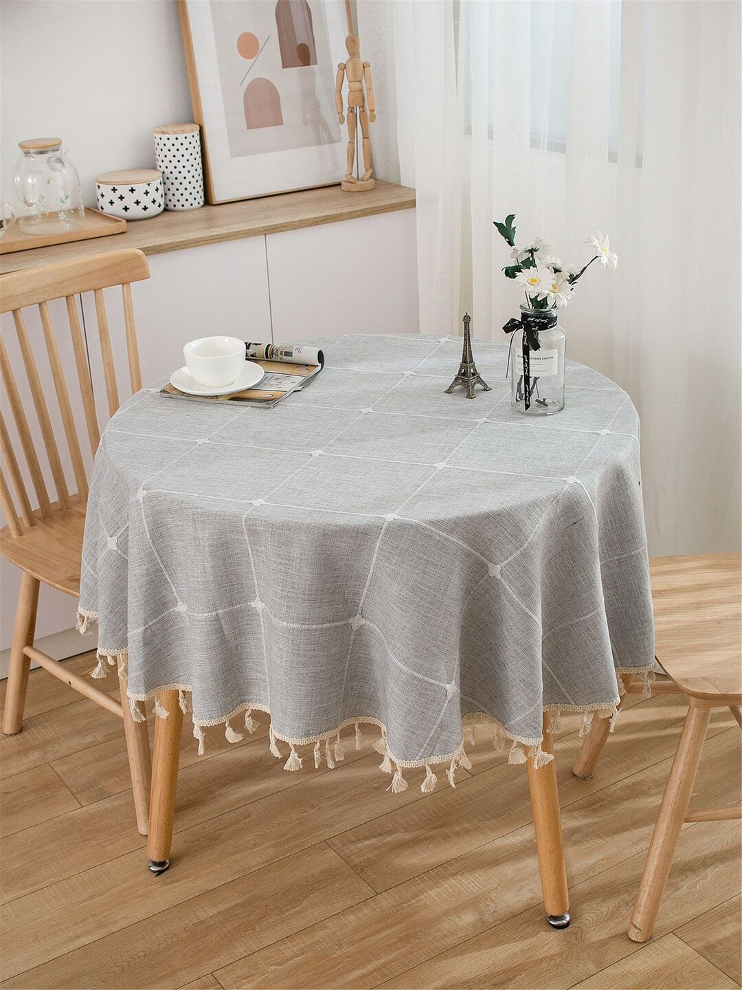 Round Table Cover Bohemia Big Grey Grid Linen Table Cloth - Etsy