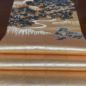 Gorgeous Golden Silk Obi Decor, Nature / Pagoda Temple / Pine Tree ...