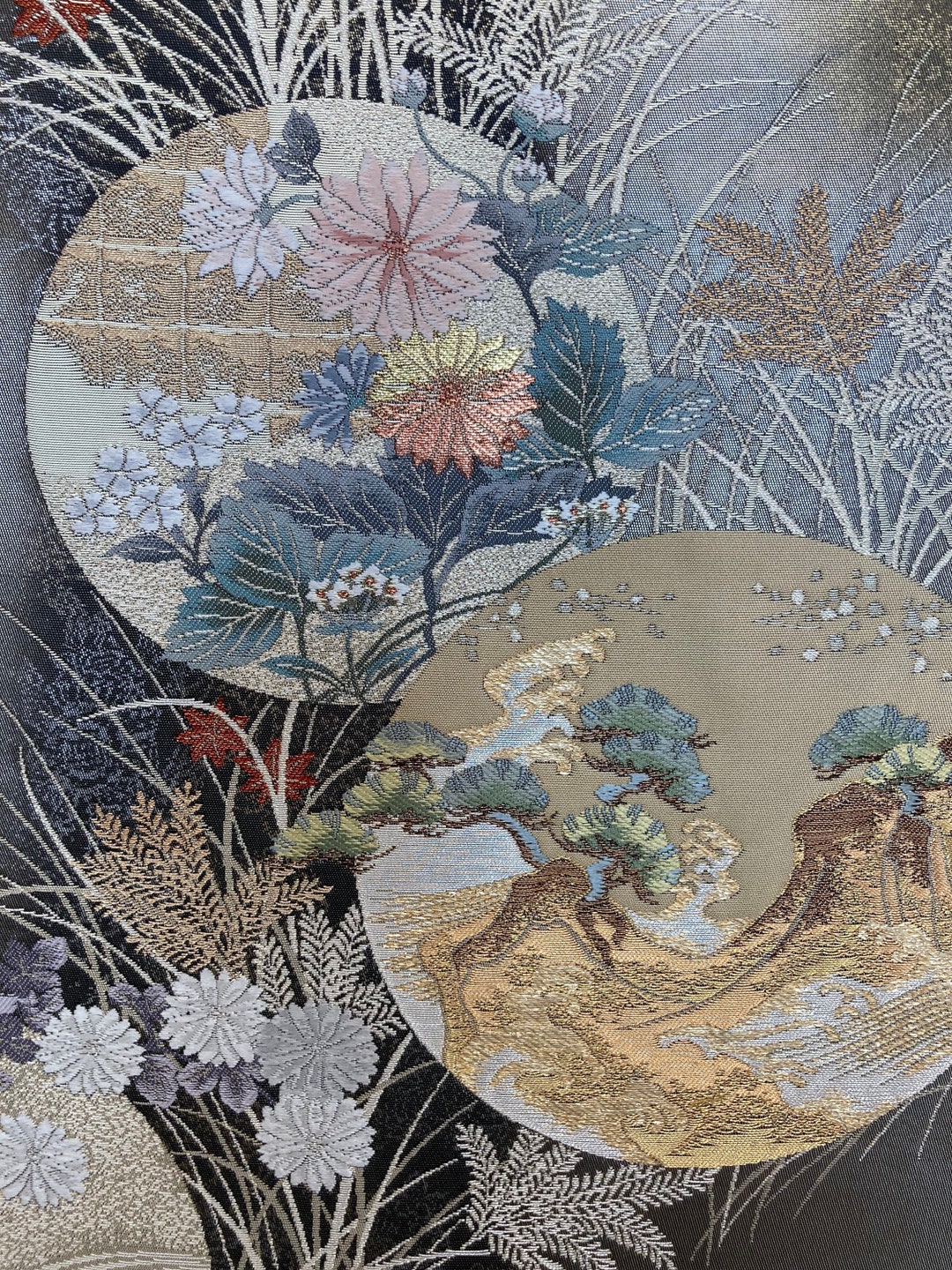 Gorgeous Silver Grey Silk Obi Display, Nature / Pine Tree / Cherry ...