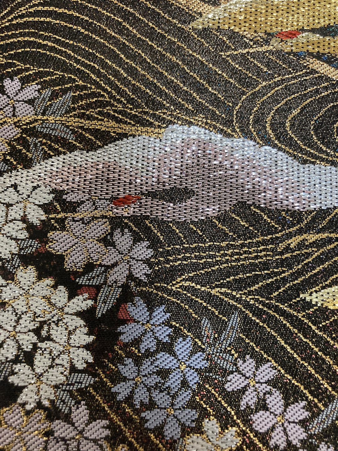 Gorgeous Dark Golden Silk Obi Decor, Tiny Cherry Blossoms / Cranes ...