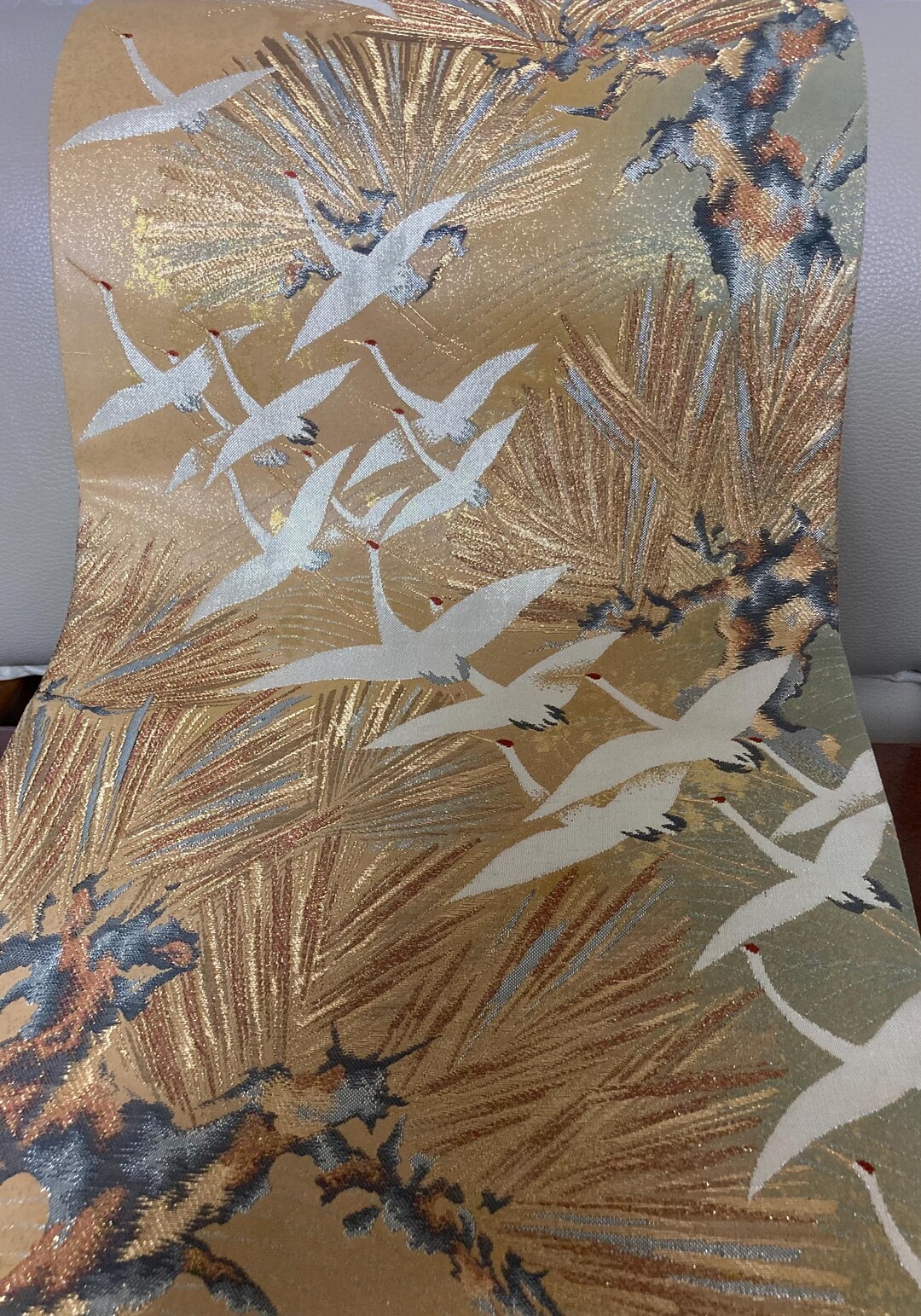 Gorgeous Golden Silk Obi Decor, Nature / Pine Trees / Silver Cranes ...