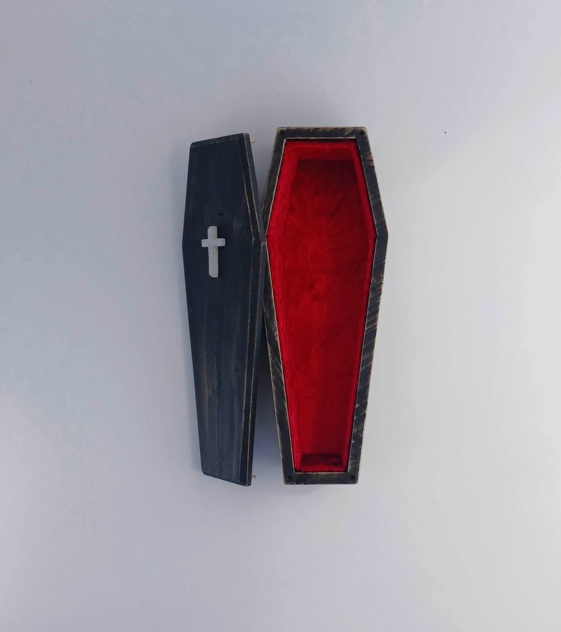 Black Toe Pincher Coffin With White Cross and Crushed Red Velvet Liner ...