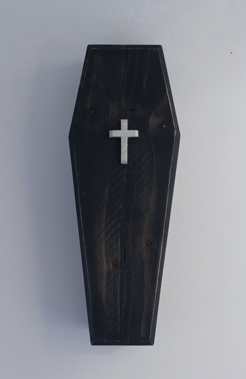 Black Toe Pincher Coffin With White Cross and Crushed Red Velvet Liner ...