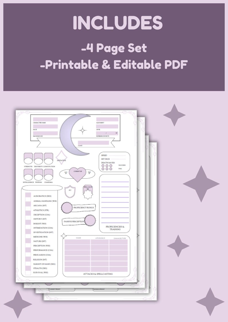 Moon Themed Dnd 5e Character Sheet - Printable Editable PDF - Etsy