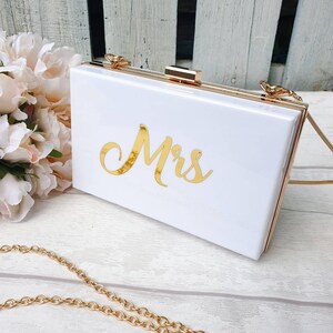 Mrs Bride Clutch Bag, White Gold Hard Acrylic Box Bag, Bridal Purse ...
