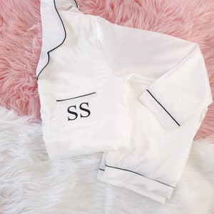Personalised Satin Pyjamas, Long Sleeve Pjs, White Pyjamas, Initial Pjs ...