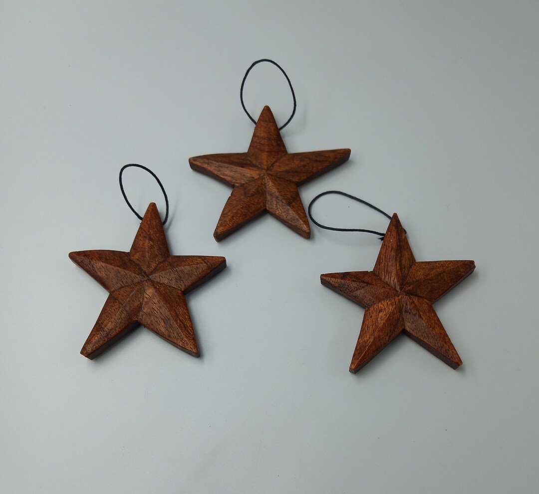 Set of 3 Handmade Stars Made From English Sycamore Hung on Waxed Cotton ...