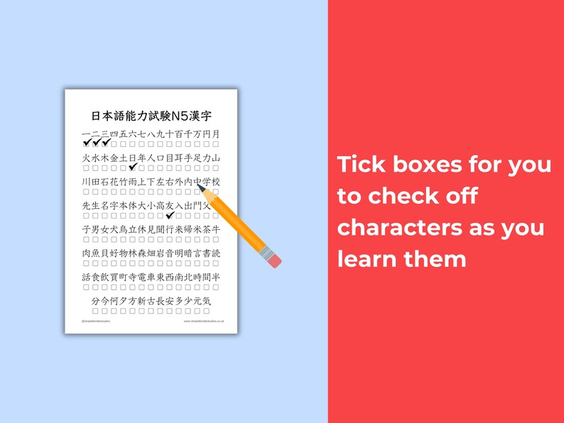 Japanese Kanji JLPT N5 Checklist Poster, Japanese Writing Reference ...