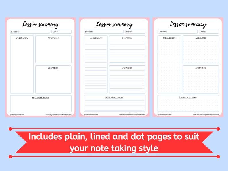 Language Lesson Summary Templates, Printable Student Notes Pages - Etsy