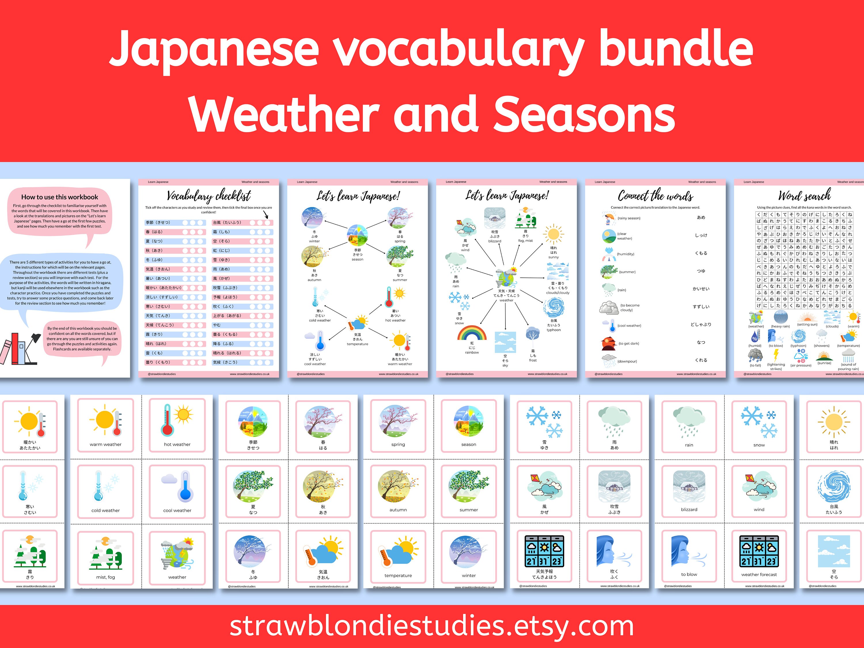 Learn Japanese Weather and Seasons Vocabulary Bundle, Printable Study ...