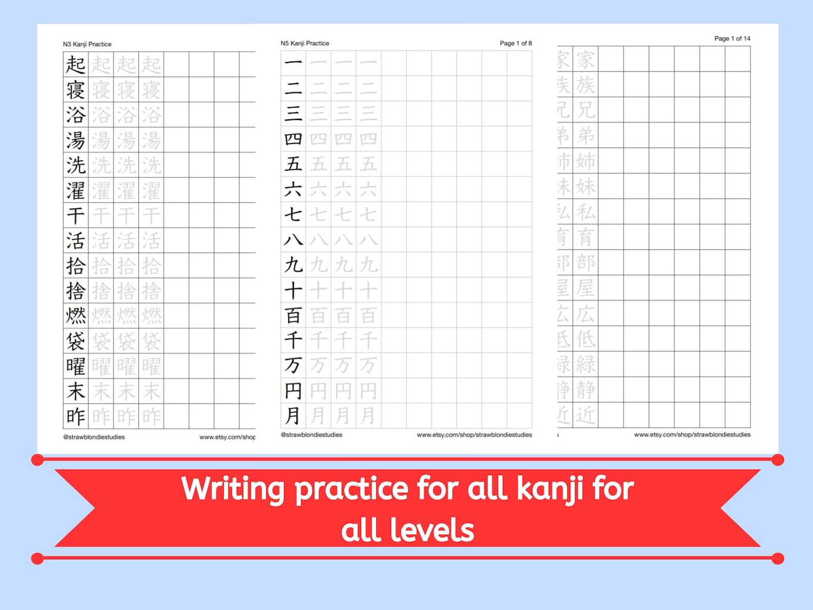 BUNDLE JLPT Japanese Kanji N5 N4 N3 Printable Worksheets - Etsy