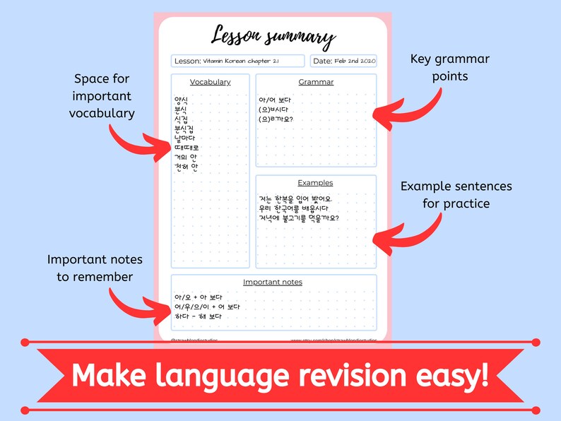 Language Lesson Summary Templates Printable Student Notes | Etsy