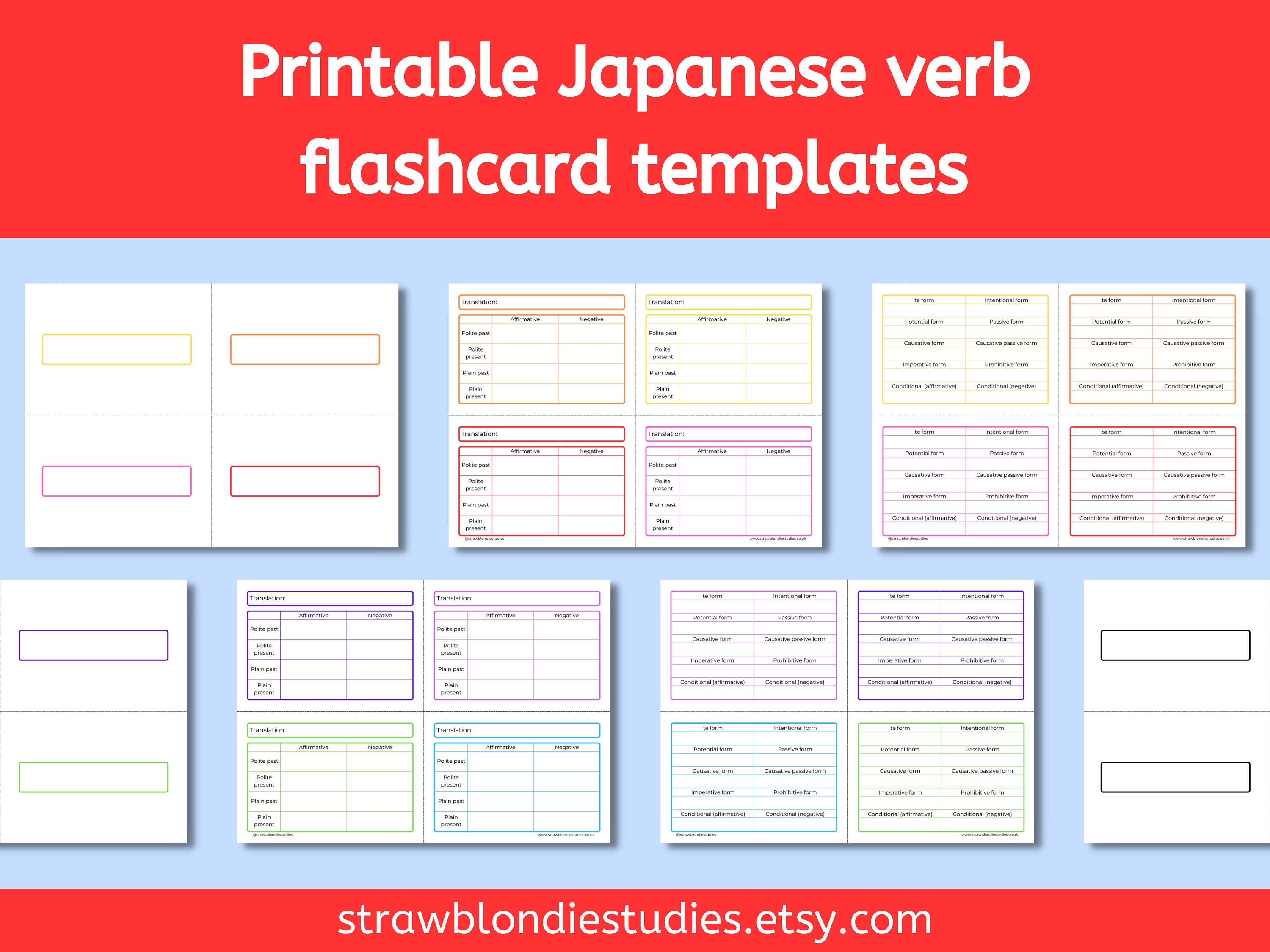 Japanese Verb Printable Flashcard Templates Verb Flashcards - Etsy