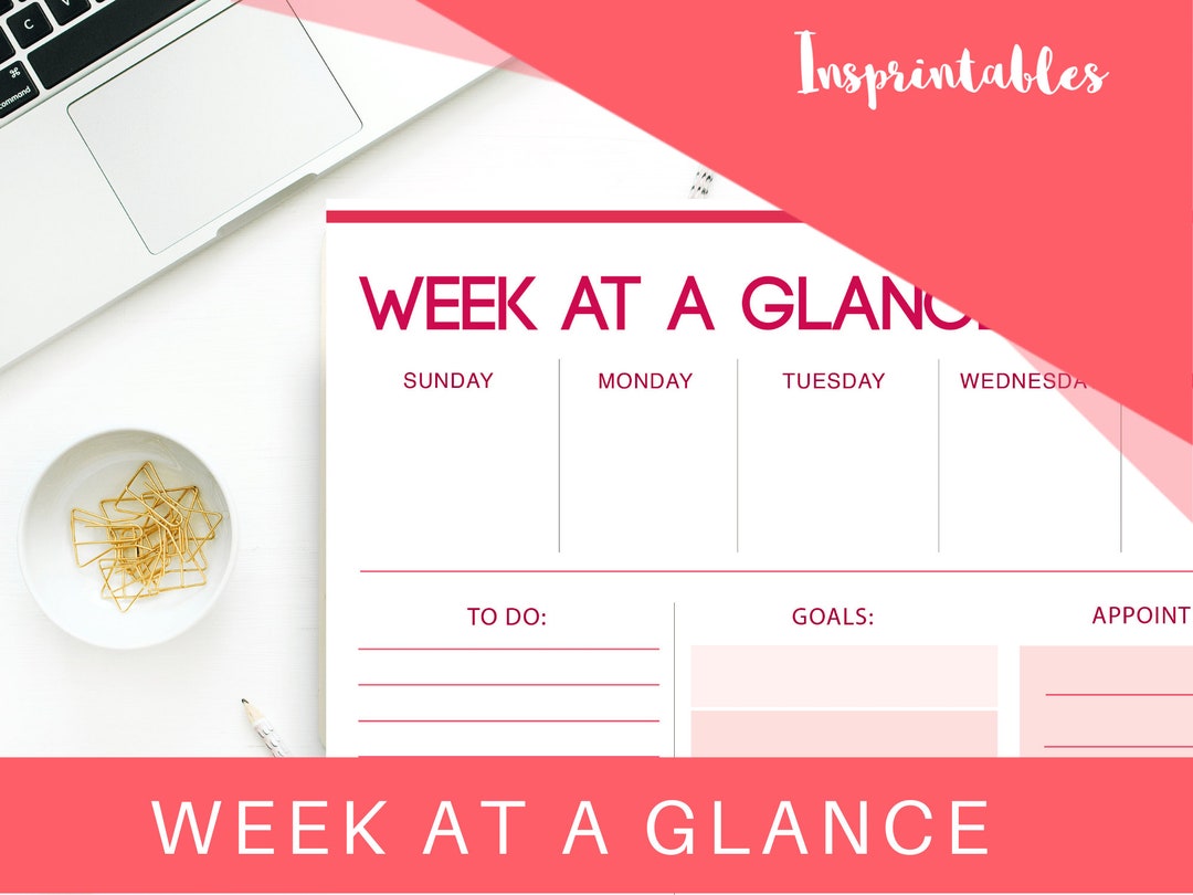 Week at a Glance Printable Worksheet Pink Organizational Minimal ...
