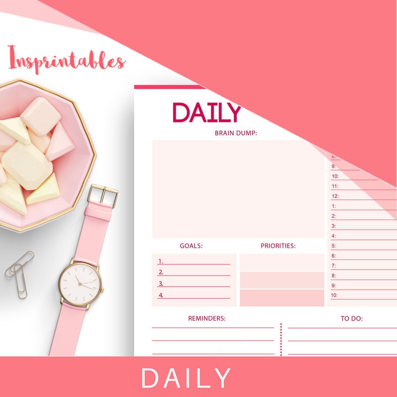 Daily Goal Setting Planner Printable Pink Organizational Worksheet US ...
