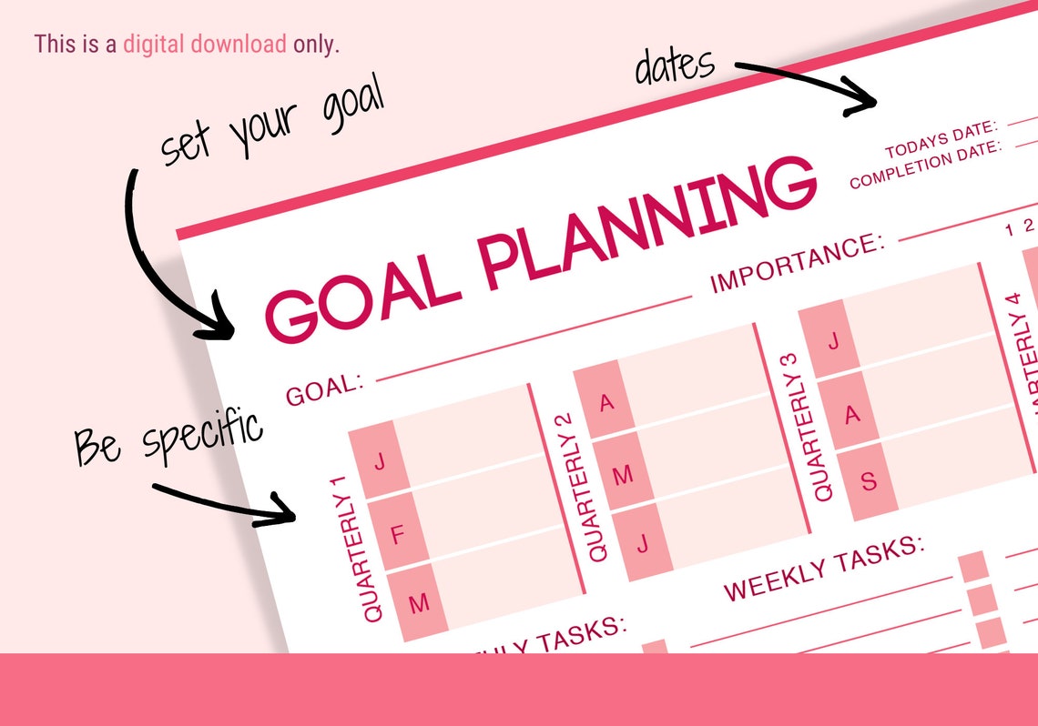 Yearly Goal Setting and Planning Pink Printable Planner Worksheet A5 ...