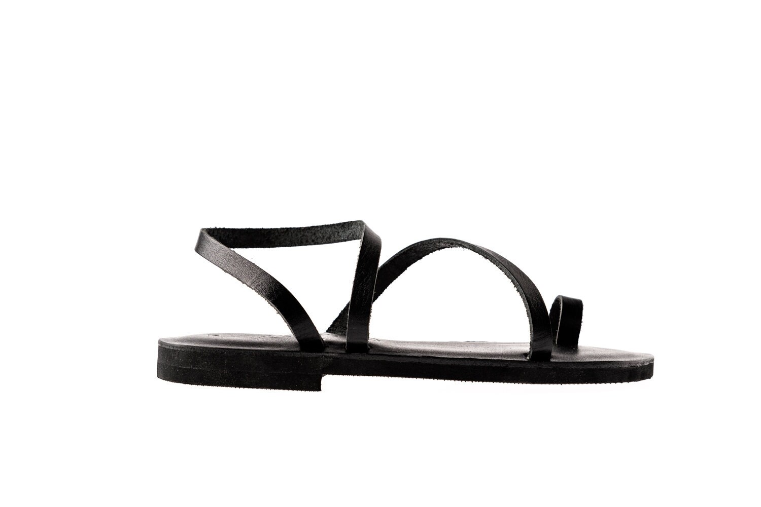 Black Toe Ring Sandal, Greece Leather Sandals for Women, Loop Toe ...