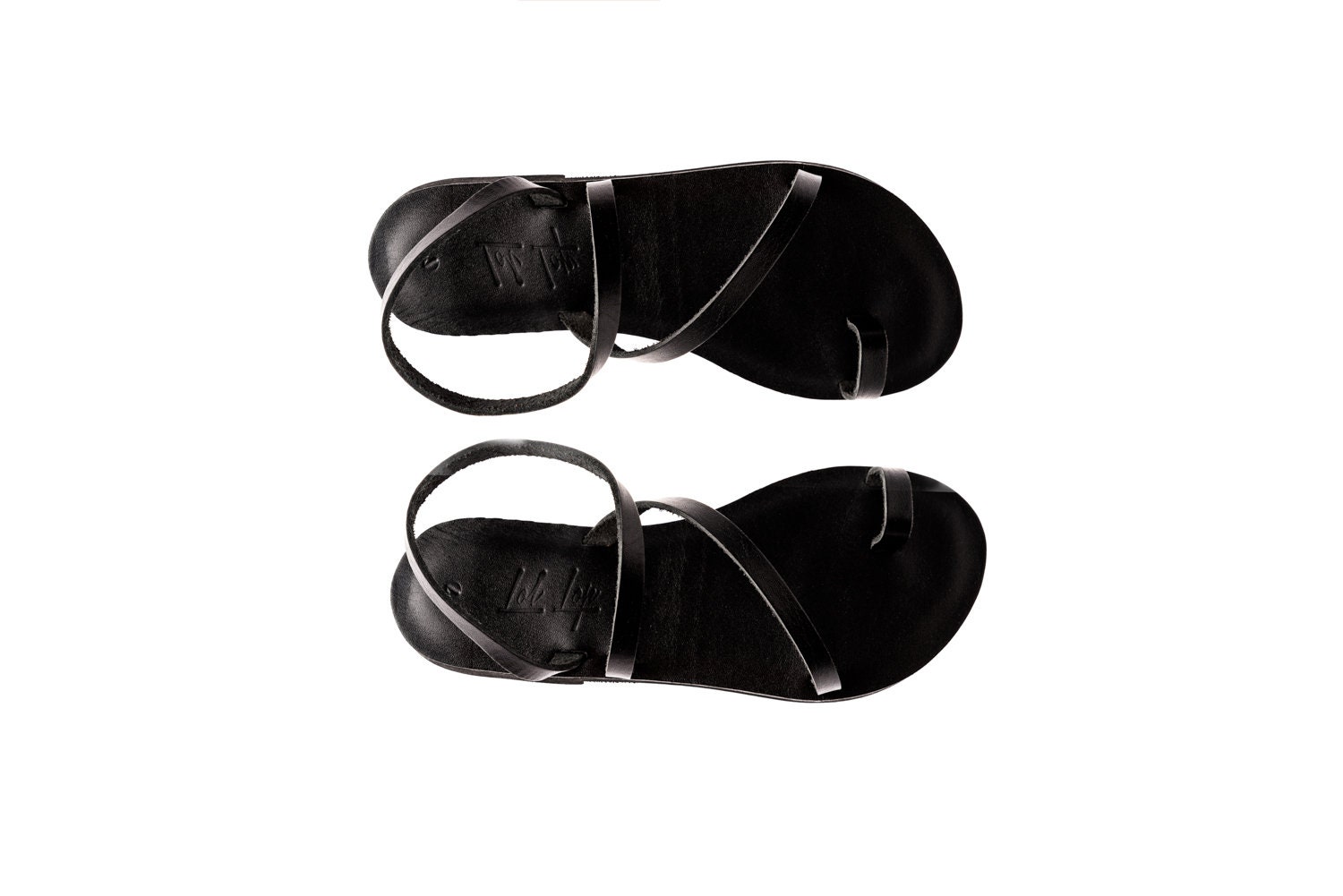 Black Toe Ring Sandal, Greece Leather Sandals for Women, Loop Toe ...