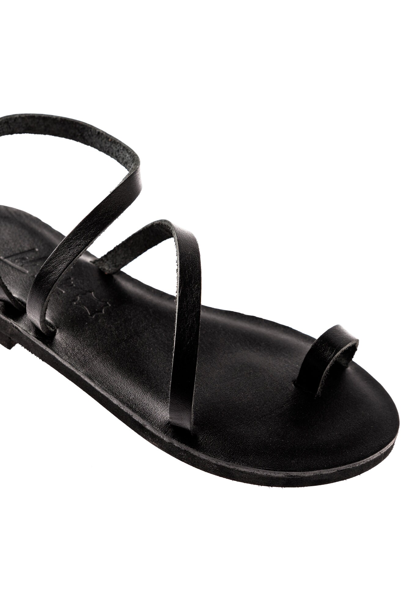 Black Toe Ring Sandal, Greece Leather Sandals for Women, Loop Toe ...
