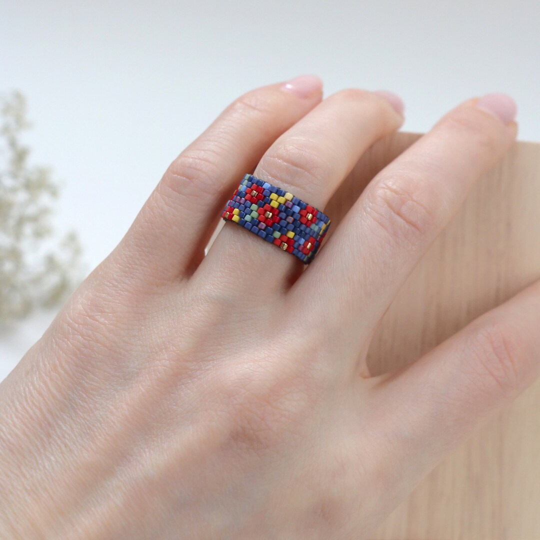 Multicolor Beaded Flower Ring, Seed Bead Ring, Handmade Beadwork Ring ...