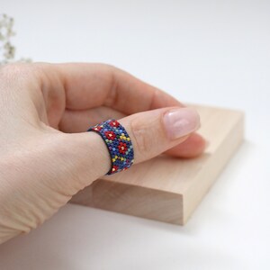 Multicolor Beaded Flower Ring, Seed Bead Ring, Handmade Beadwork Ring ...