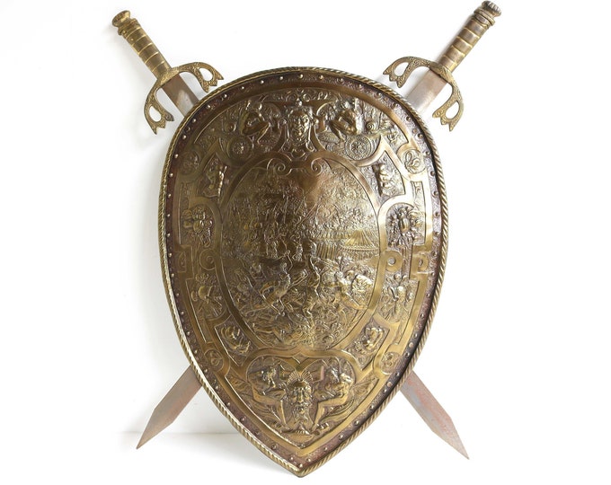 Medieval Style Vintage Brass Wall Hanging Knight Shield Plaque With Two ...