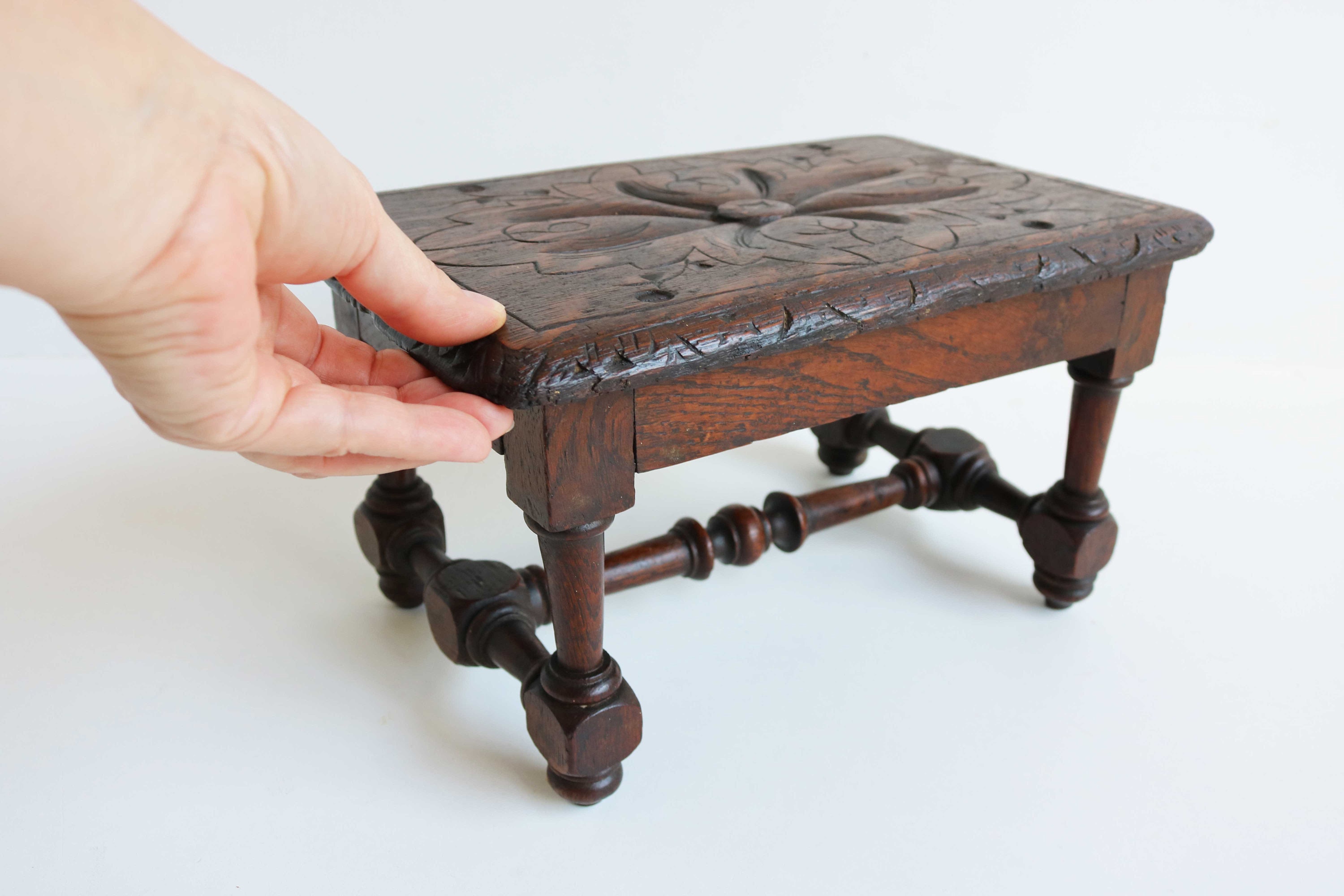 Small Antique Victorian English Stool Tiny Hand Carved Kettle Stand Miniature Footstool Footrest Plant Stand Mini Bench Wooden Step Oak 1880 Etsy