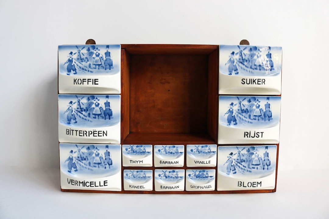 Antique Dutch Spice Cabinet: Delft Blue Ceramic Drawers, Windmill Scene ...