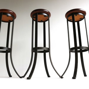 Vintage Brutalist Bar Stools Set of 3 Three Mid Century Oak Wrought ...