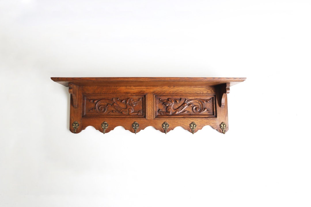 Dutch Oak Wall Rack Dragons Brass Hooks Vintage Hand Carved Wooden Coat ...