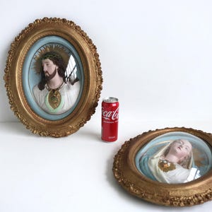 Couple Antique French Victorian Religious Jesus Christ and Virgin Mary Secret Heart Plaques Oval ...