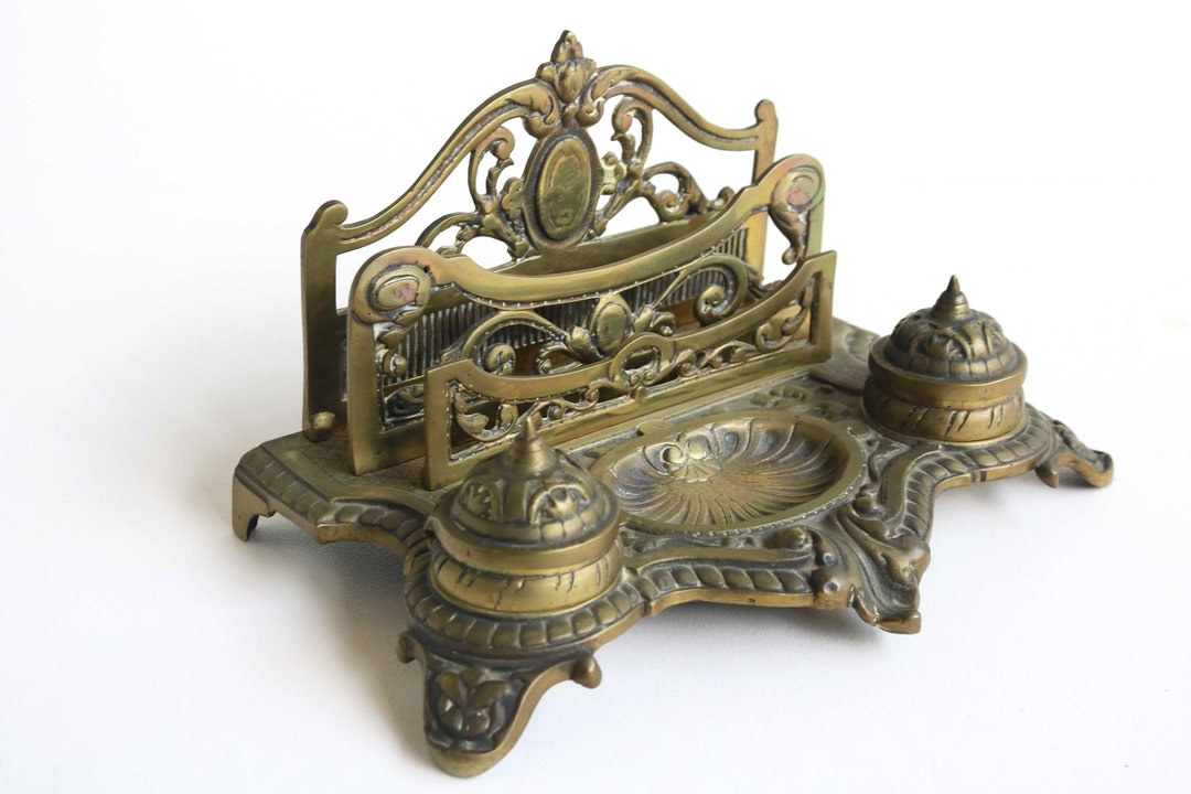Antique Bronze Desk Inkwell Stand: Letter Rack, Porcelain Ink Holders ...