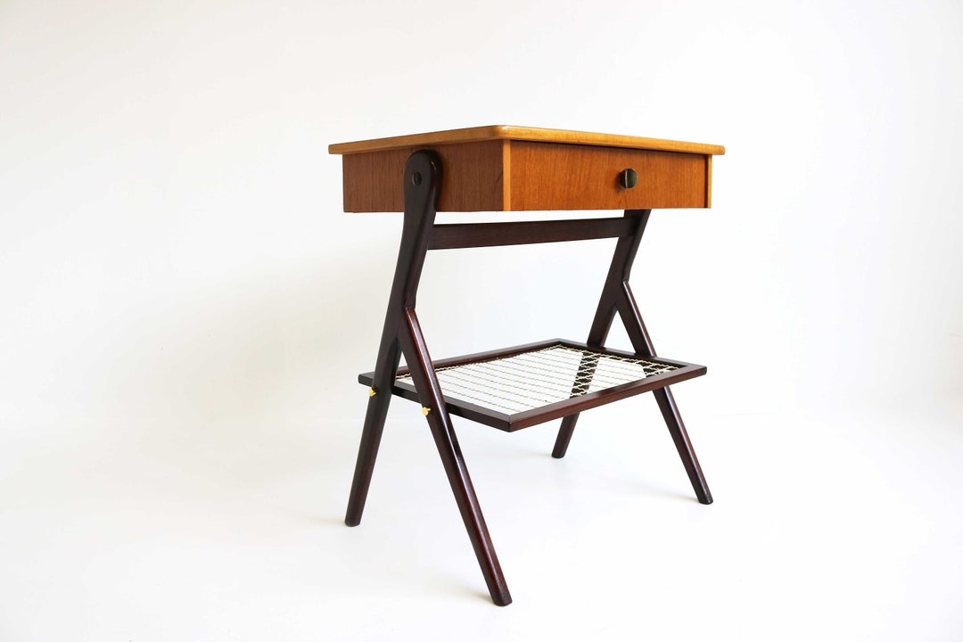 Midcentury Teak Nightstand: Two-tone Bedside Table With Iron Shelf - Etsy