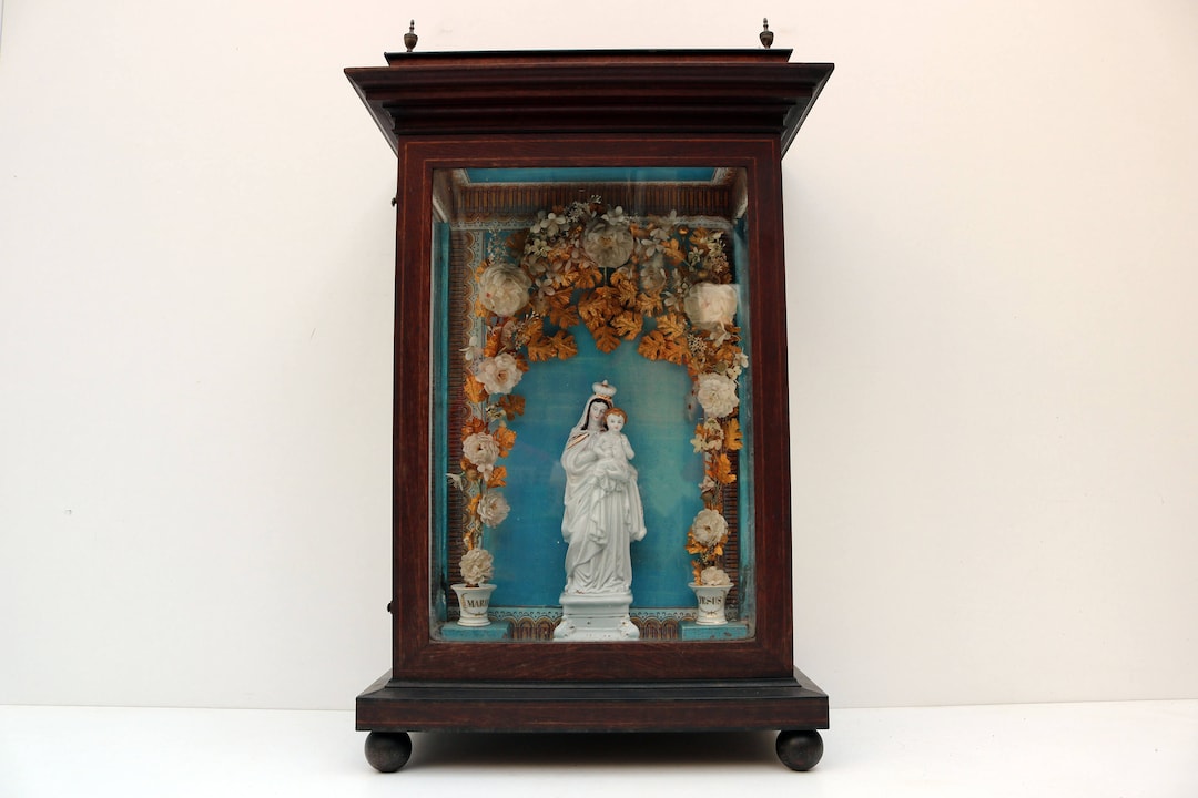 19th Century Display Cabinet Shrine Virgin Mary in Porcelain Flowers in ...