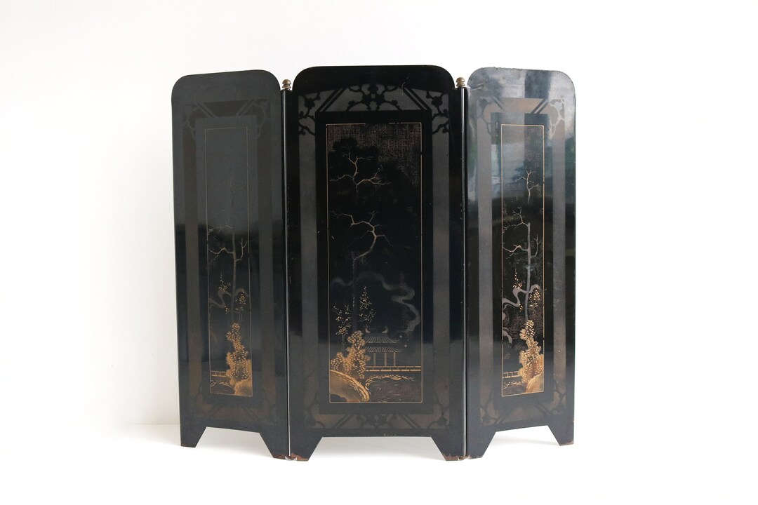 Antique Chinese Three Piece Black Lacquer Asian Fireplace Screen ...