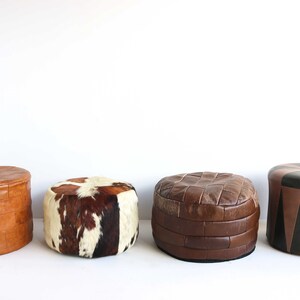 Cilinder Shape Vintage Patchwork Brown Leather Ottoman Mid Century Pouf ...