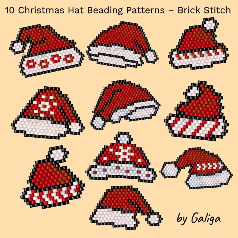 Santa Hat Brick Stitch Beading Patterns: Christmas Ornament Designs ...
