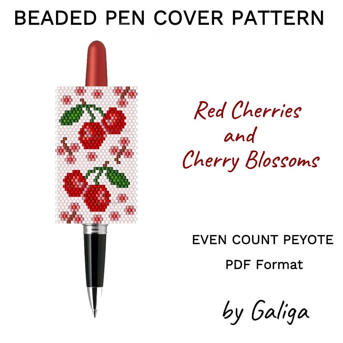 Beaded Pen Wrap Patern Red Cherries and Cherry Blossoms Seed Bead ...